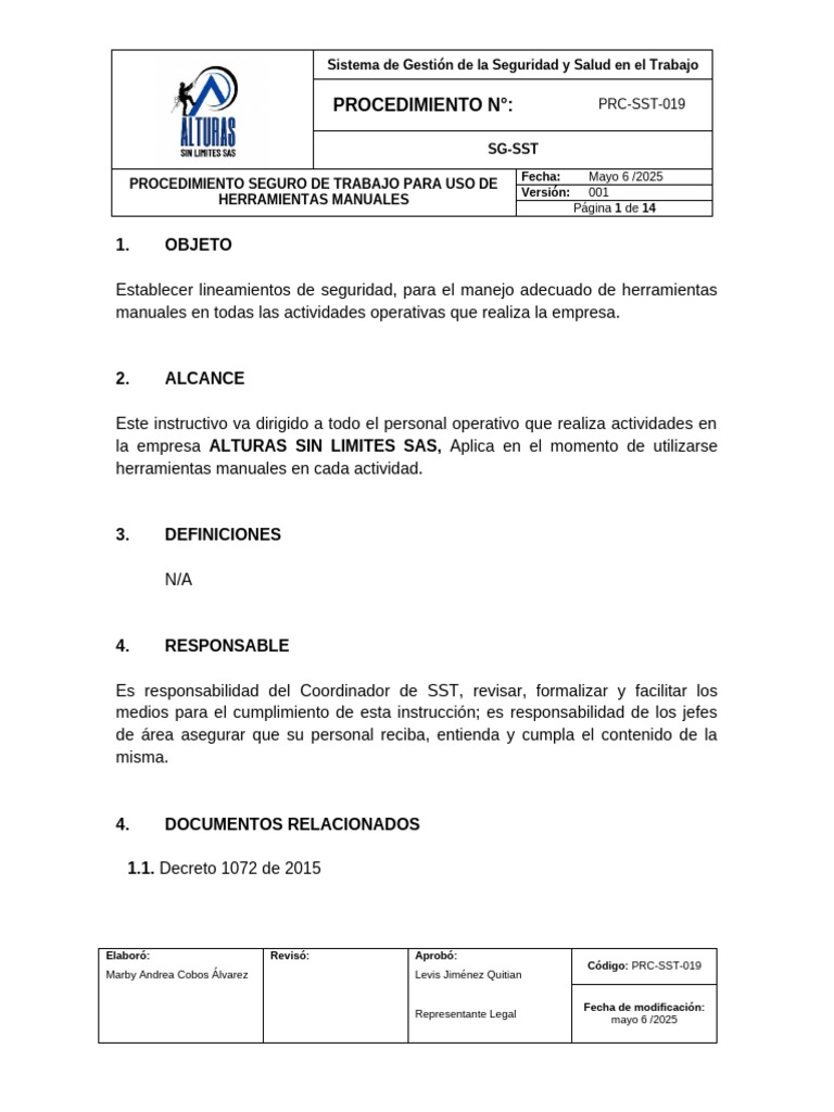 PRC-SST-019 Procedimiento Seguro de Trabajo para Uso de Herramientas Manuales | PDF | Tornillo ...