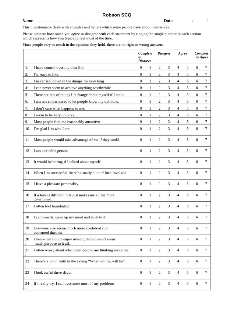 Robson Self Concept Questionnaire and Norms | PDF | Social Psychology ...