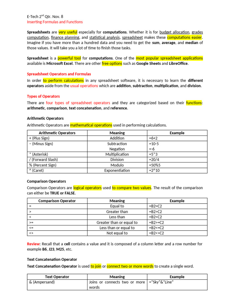 Spreadsheet Formulas and Functions Guide | PDF | Spreadsheet | Function ...