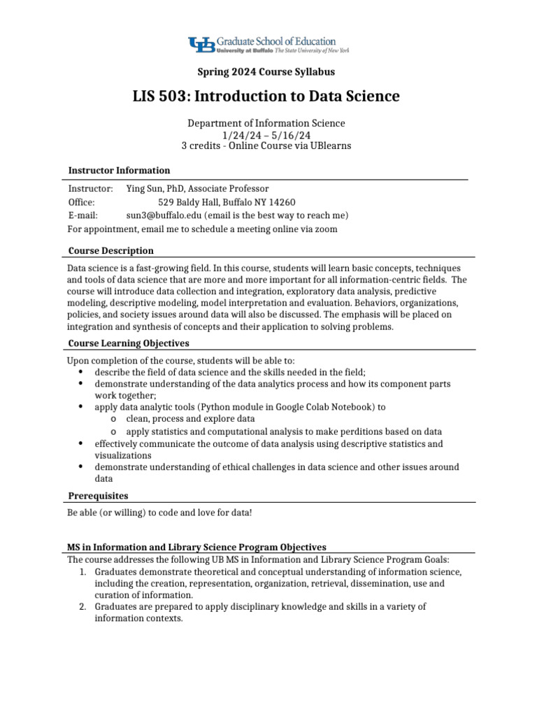 Sp24 LIS503 Data Sun Syllabus | PDF | Data Analysis | Violence