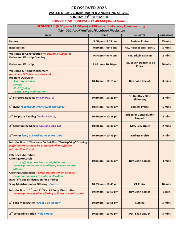 Crossover Night Service Schedule 2023 | PDF | Hymns | Worship