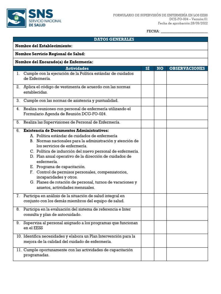 DCE-FO-004 V1 Formulario de Supervisión de Enfermería en Los EESS | PDF ...