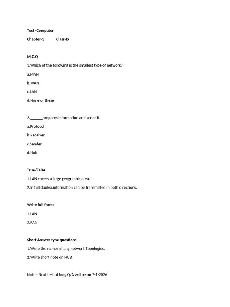 Class IX Computer Networking MCQs and Notes | PDF