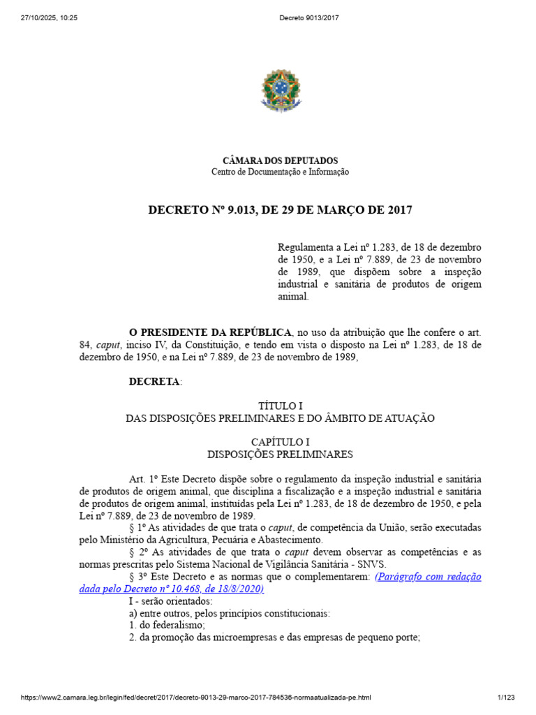 Decreto n° 9.013, de 29 de março de 2017 | PDF | Matadouro | Leite