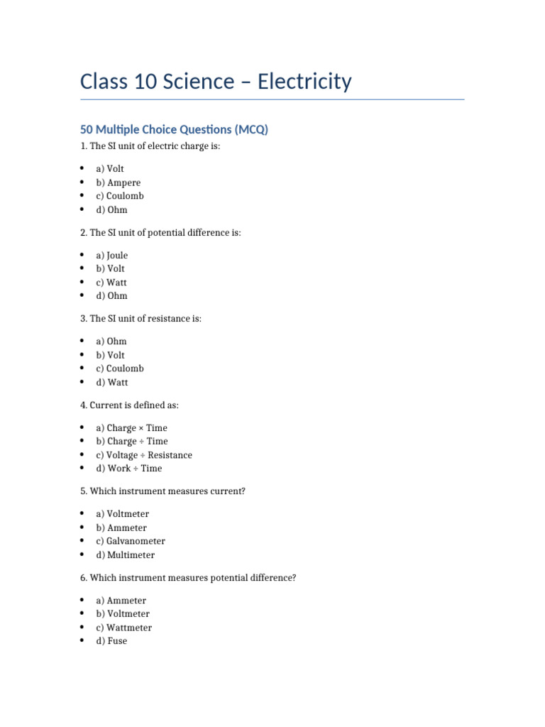 Class10 Electricity 50MCQ WithOptions FULL | PDF | Electric Current | Electrical Resistivity And ...