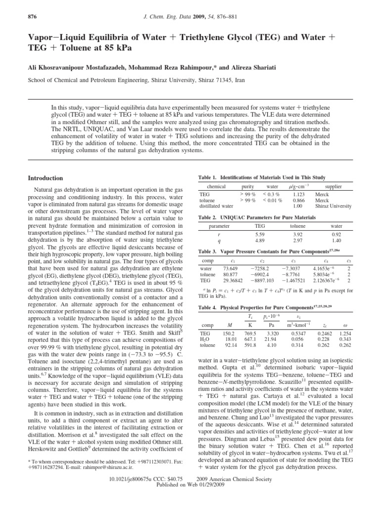 VLE of Water, TEG, and Toluene at 85 kPa | PDF | Chemistry | Physical ...