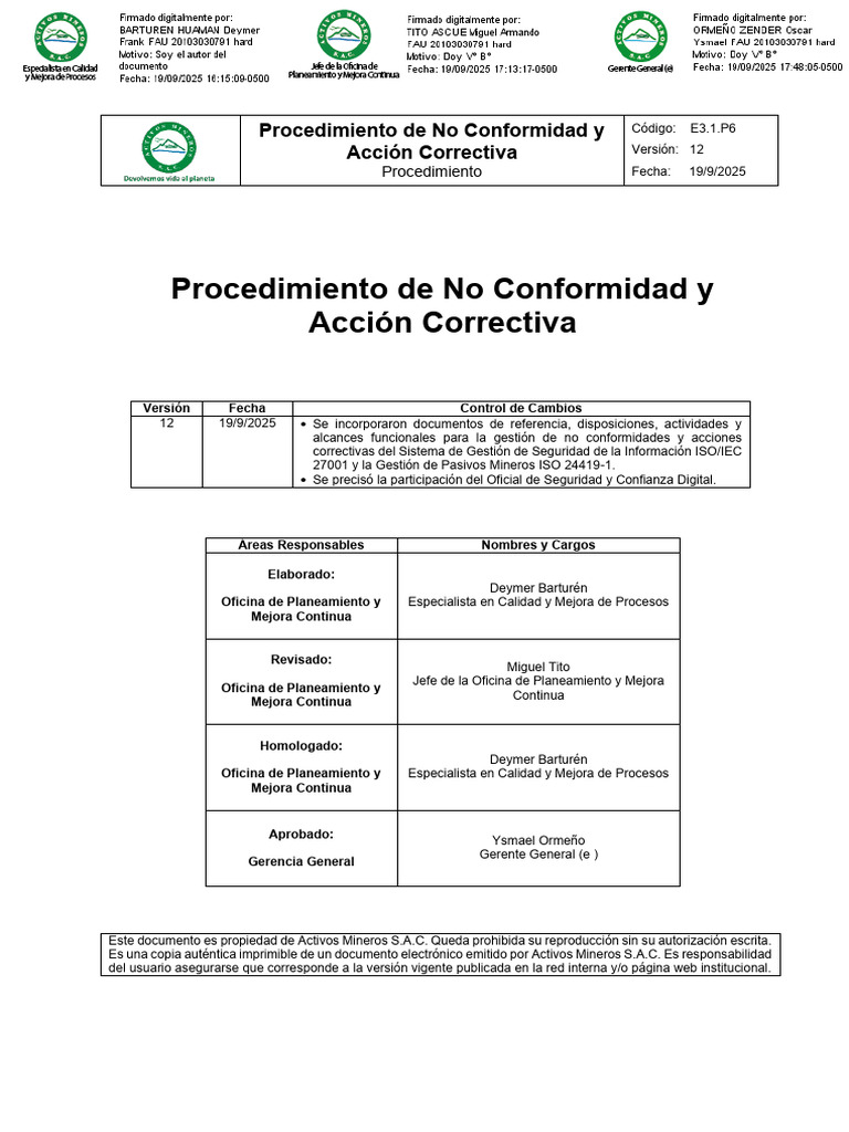 E3.1.P6 Procedimiento de No Conformidad y Accion Correctiva v12 vfRRYO ...