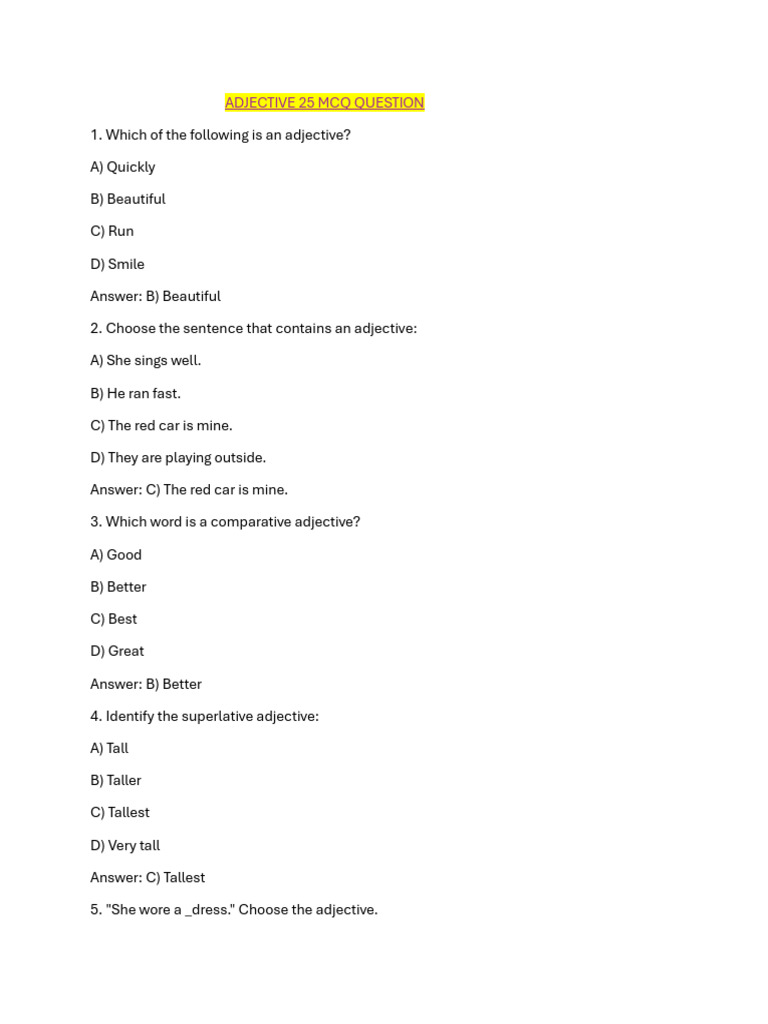 Adjective and Noun MCQ Quiz | PDF | Adjective | Noun