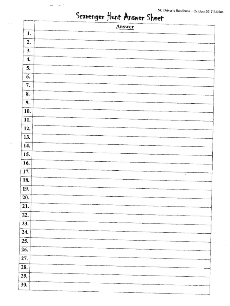 Drivers Education-Scavenger Hunt Answer Sheet-1 | PDF
