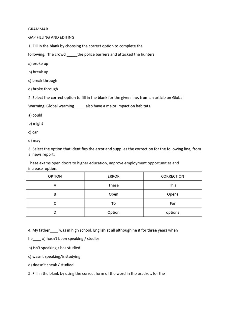 Grammar Gap Filling and Editing Exercises | PDF