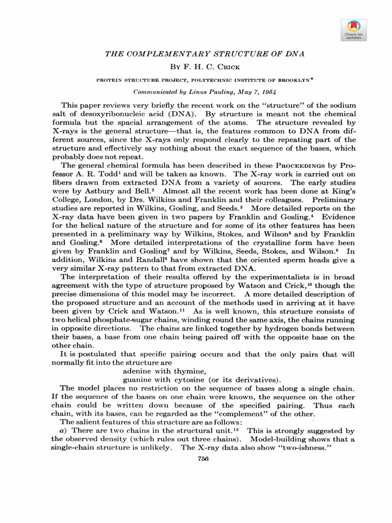 Crick 1954 the Complementary Structure of Dna | PDF | Francis Crick | Dna