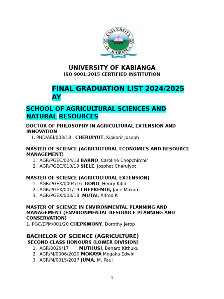 Kabianga University Graduation List 2024/2025 | PDF | Higher Education ...