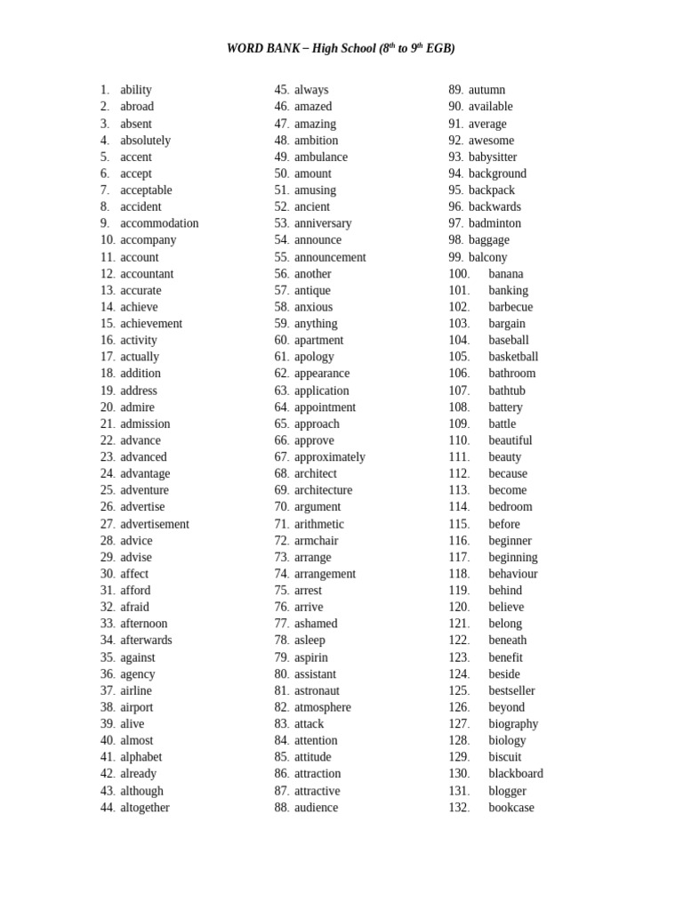 Word Bank - Spelling Bee Cole 8th to 9th Egb | PDF