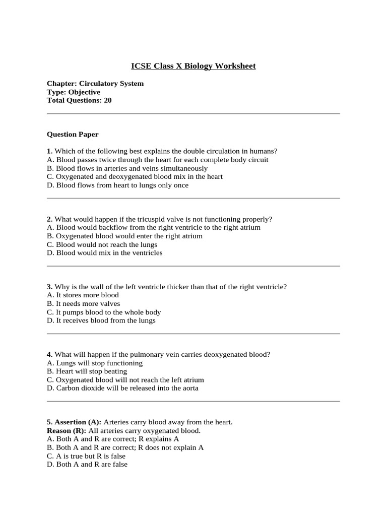 ICSE Class X Biology: Circulatory System Quiz | PDF | Atrium (Heart ...