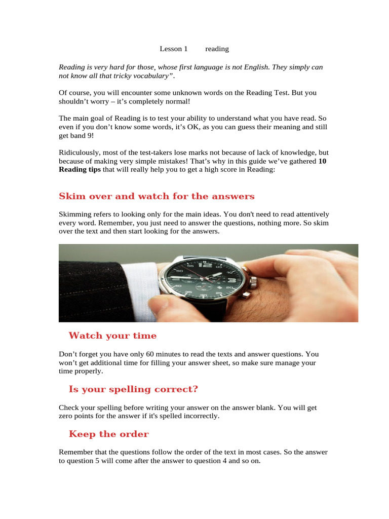 LESSON 1 Reading Tips Advice Recommendations | PDF | Human ...