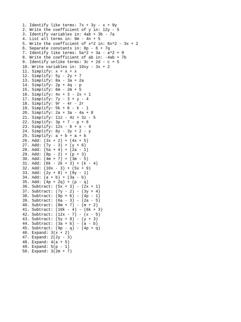 Algebra 50 Problems(2) | PDF