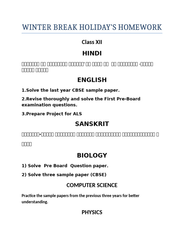 Class XII Winter Break Homework Guide | PDF