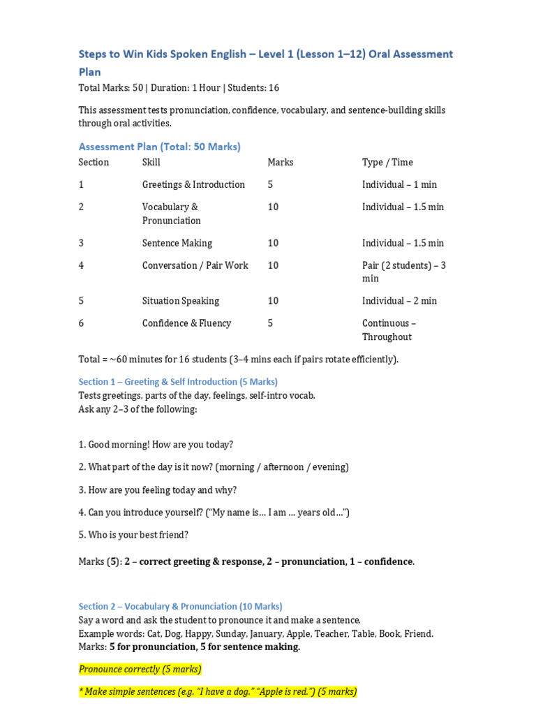 Kids Spoken English Level1 Assessment Plan and Sheet.docx3 104112 | PDF ...
