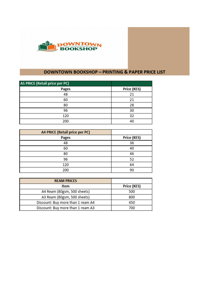Downtown Bookshop Printing Prices | PDF