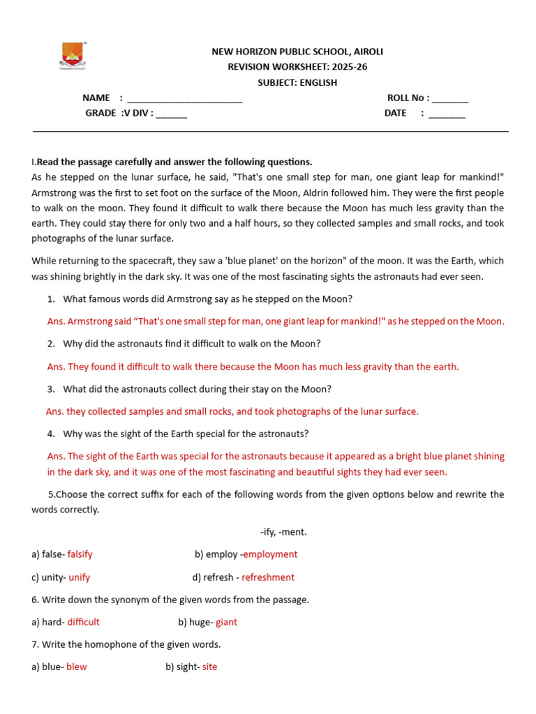 Grade v Revision Worksheet Answerkey-1 | PDF | Flowers | Pollination
