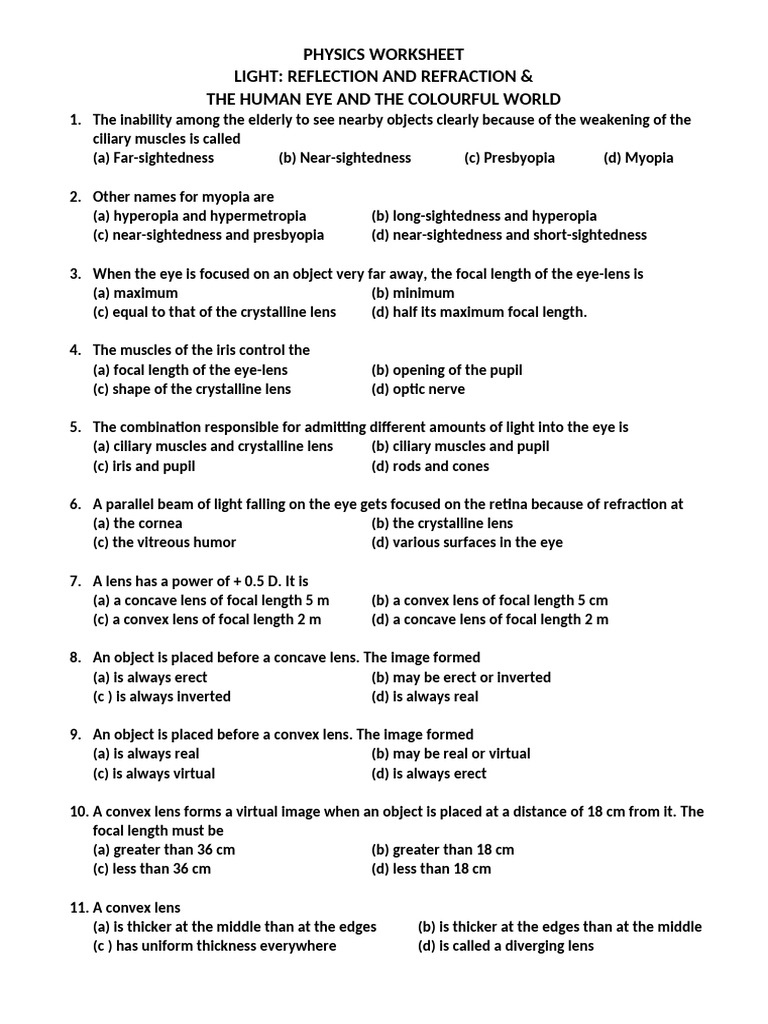 Physics Worksheet_human Eye | PDF | Eye | Myopia