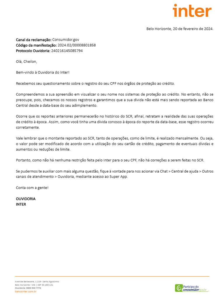 Resposta Ouvidoria Inter - Cheilon Lima de Souza | PDF