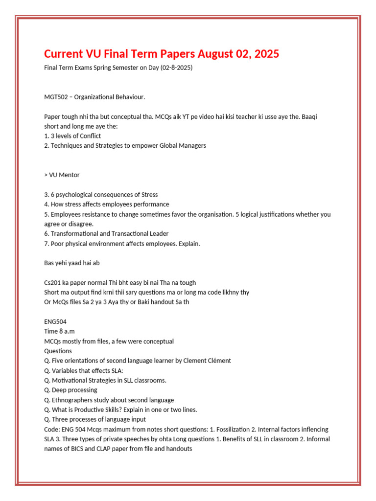 Virtual University Final Term Papers August 02, 2025 | PDF | Virtual ...