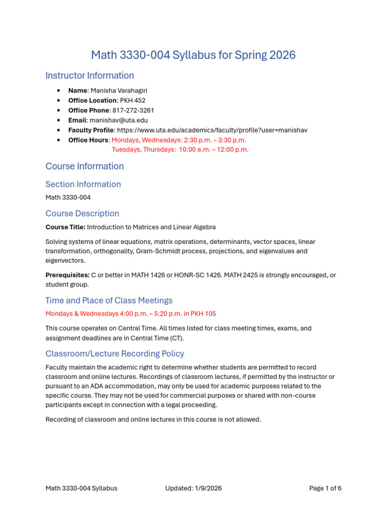 Math 3330-004 Spring 2026 Syllabus | PDF | Eigenvalues And Eigenvectors ...