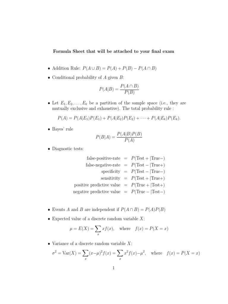 Formula Sheet | PDF | Sensitivity And Specificity | Variance