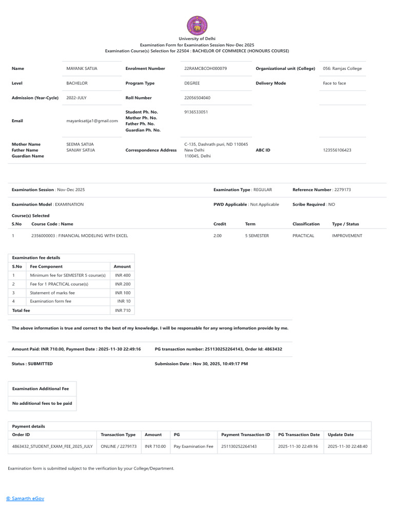 DU Exam Form: B.Com (Hons) Nov-Dec 2025 | PDF