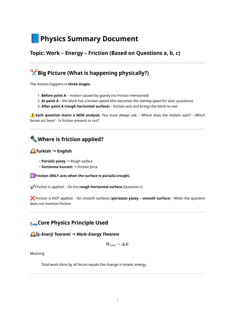 Physics Summary_ Work–energy–friction (questions A–b–c) | PDF ...