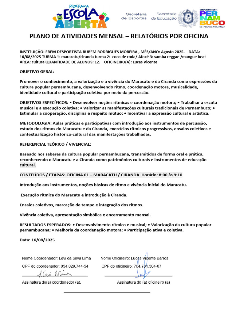 Plano de Atividades 16-08-2025, Oficineiro_ Lucas | PDF | Ritmo ...
