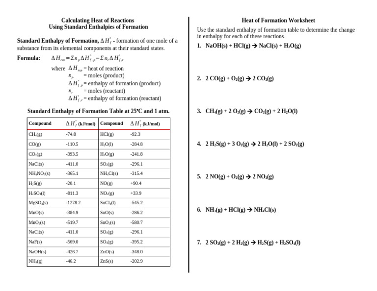 Calculating Heat of Reactions - Using Standard Enthaplies of Formation ...