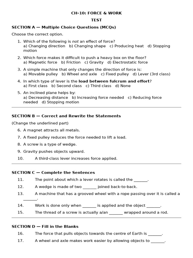 Force and Work MCQ Test Guide | PDF | Machines | Lever