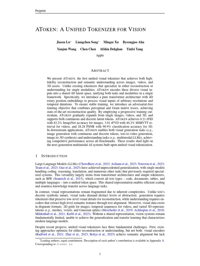 AToken - A Unified Tokenizer for Vision by Apple | PDF | Data ...