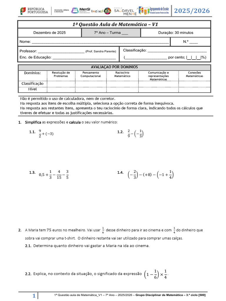 1QA - N Racionais Perc V1 | PDF | Matemática
