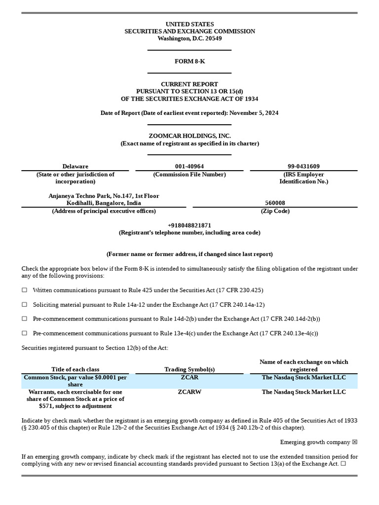 ZCAR-8-K | PDF | Securities (Finance) | Stocks