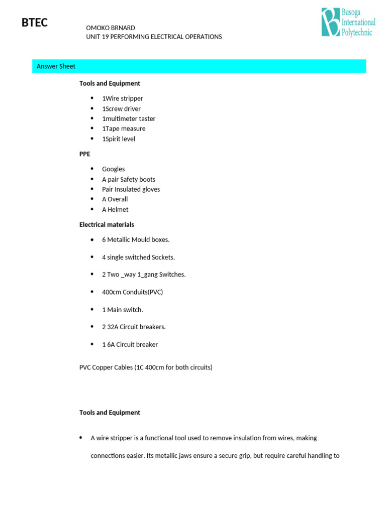 Benard Omoko 19 | PDF | Electrical Wiring | Personal Protective Equipment
