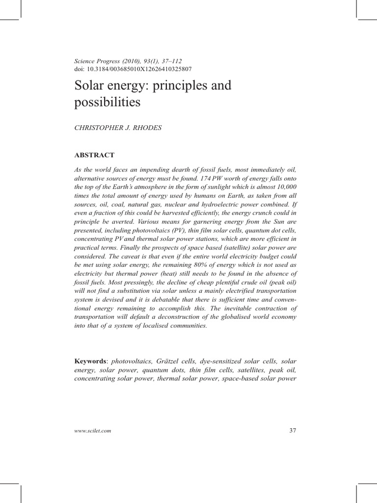 Rhodes 2010 Solar Energy Principles and Possibilities | PDF ...