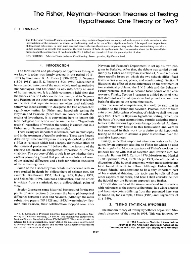 The Fisher, Neyman-Pearson Theories of Testing Hypotheses_One Theory or ...