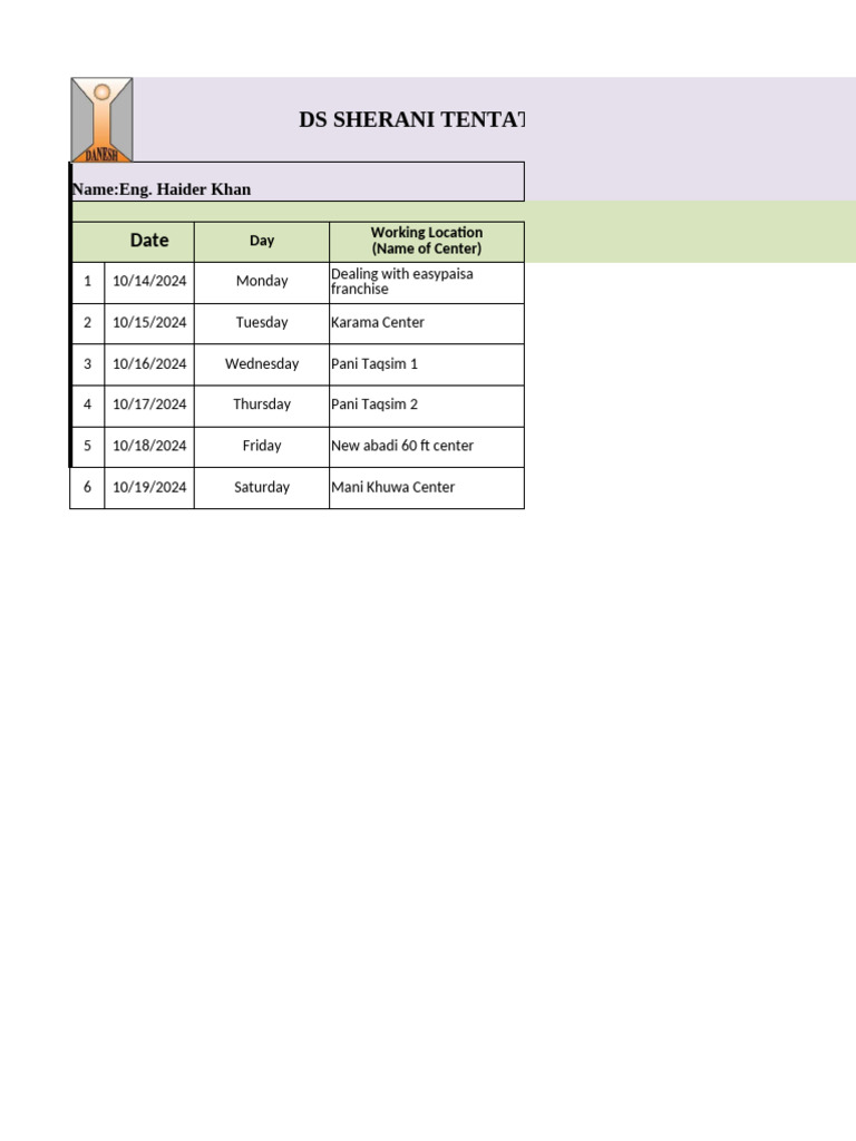 DS Sherani Weekly Work Plan DANESH 14 Oct to 19 Oct 2024 | PDF