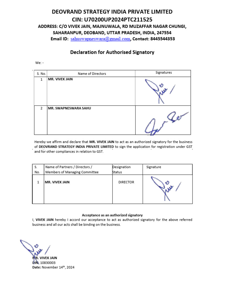 Declaration For Authorized Signatory (PVT LTD) | PDF