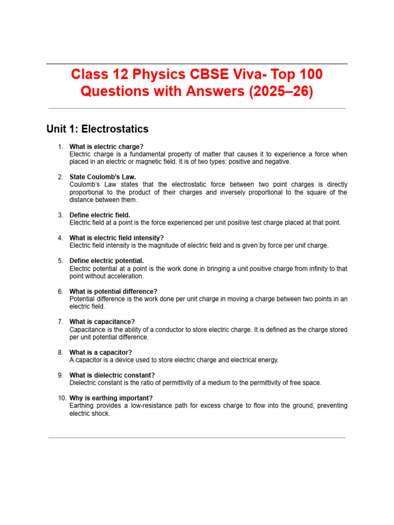 Top 100 Class 12 Physics Viva Questions | PDF | Magnetic Field | P–N ...