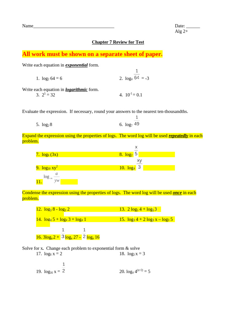 Alg 2+ Chpt 7 Review for Test 24-25 (1) | PDF | Interest | Mathematics