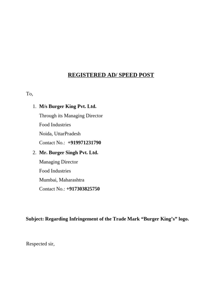 Task 3 Legal Notice for Trademark Infringement[1] | PDF | Trademark ...