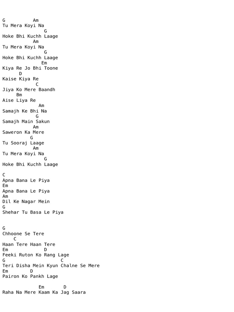 Tu Mera Koyi Na Lyrics and Chords | PDF
