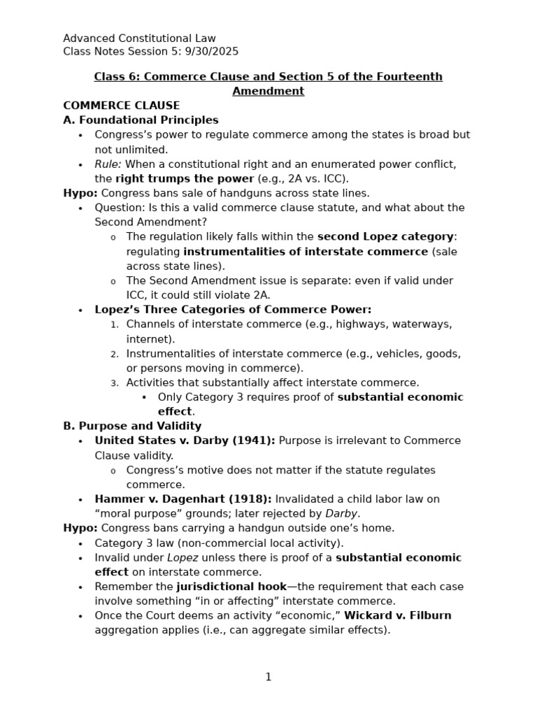 Class 6 Notes - Commerce Clause and Section 5 of The Fourteenth ...