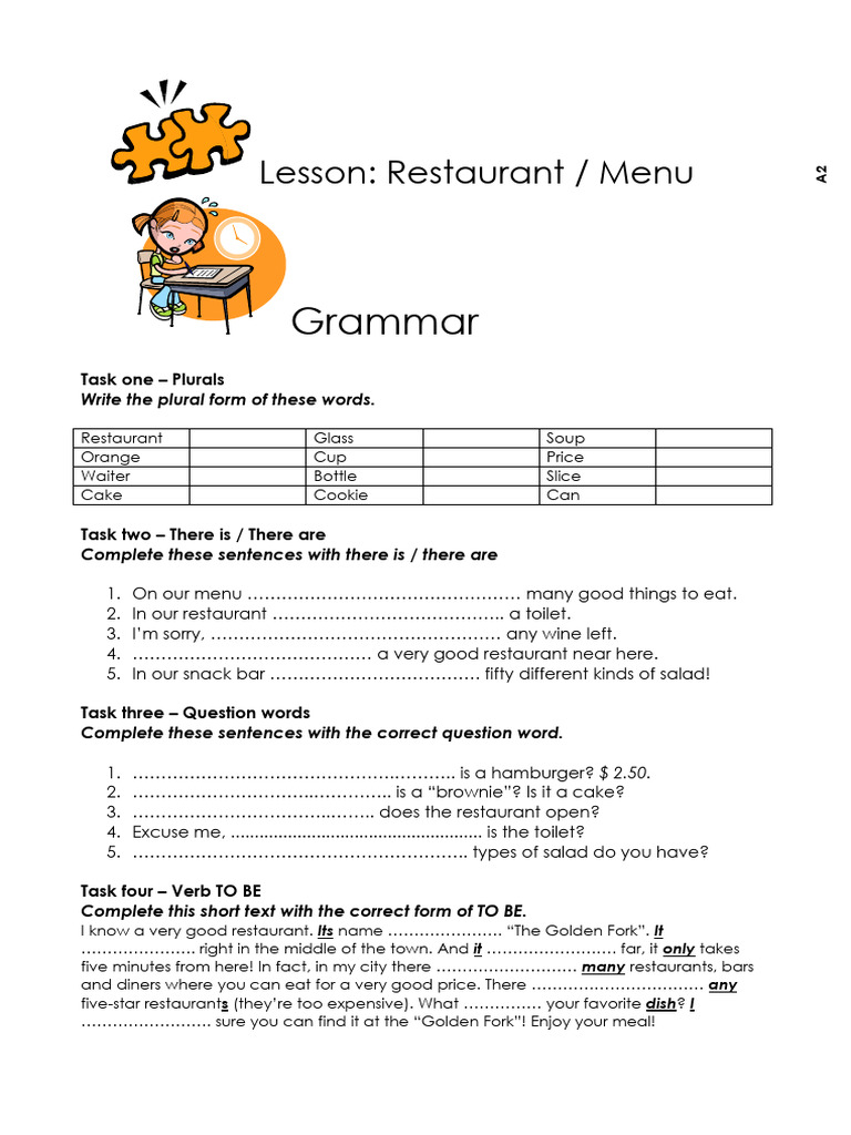 Restaurant Menu Grammar and Vocabulary Guide | PDF | Restaurants ...