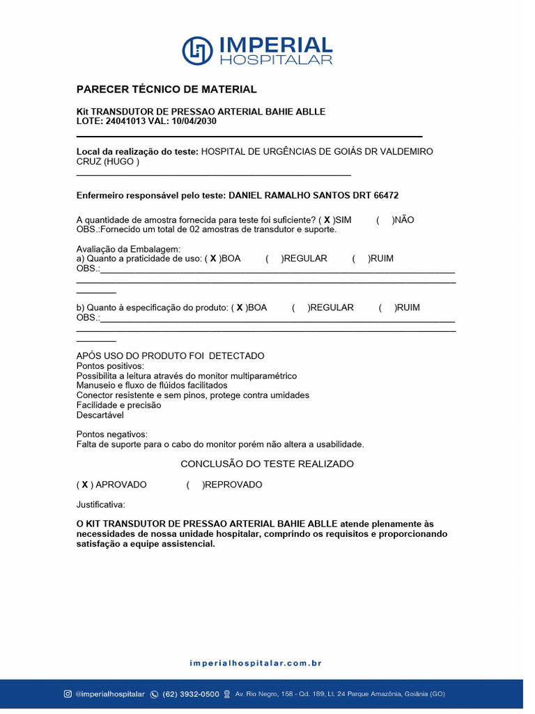 Parecer Tecnico Transdutor Pressão Daniel | PDF