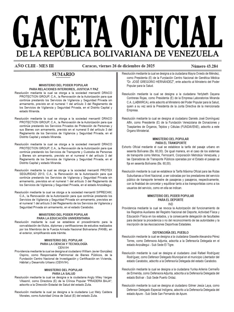 Gaceta Oficial #43.284 Del 26-12-2025 | PDF | Venezuela | Judicaturas